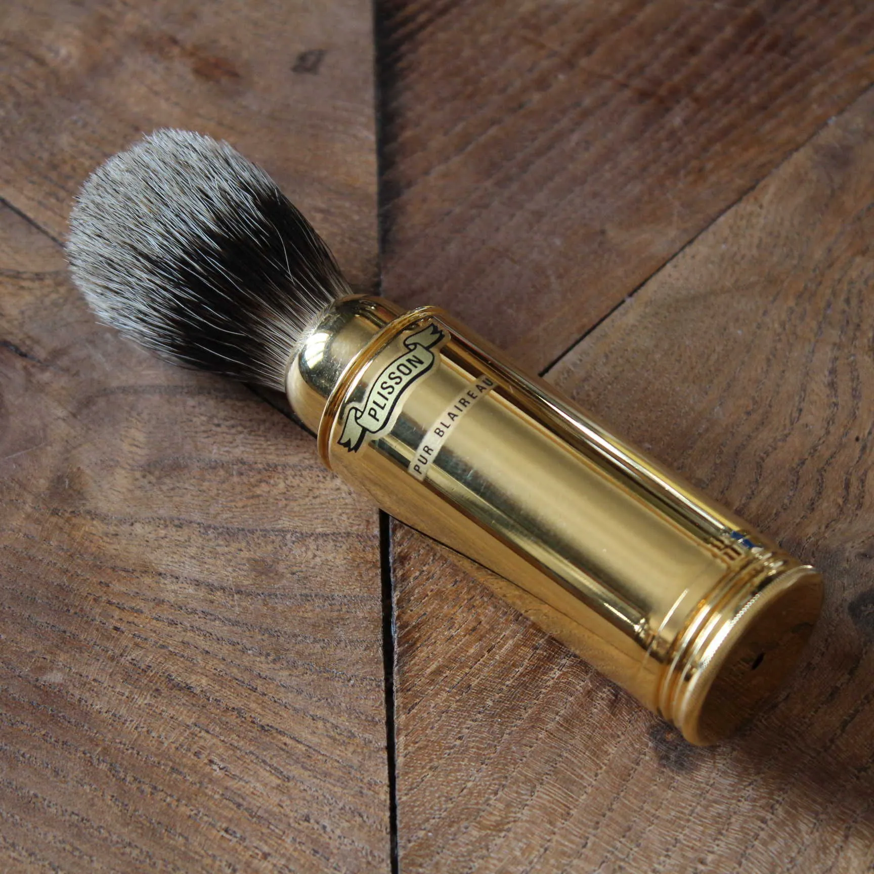 Vintage PLISSON gold travel shaving brush - NOS - Darwin Shaving